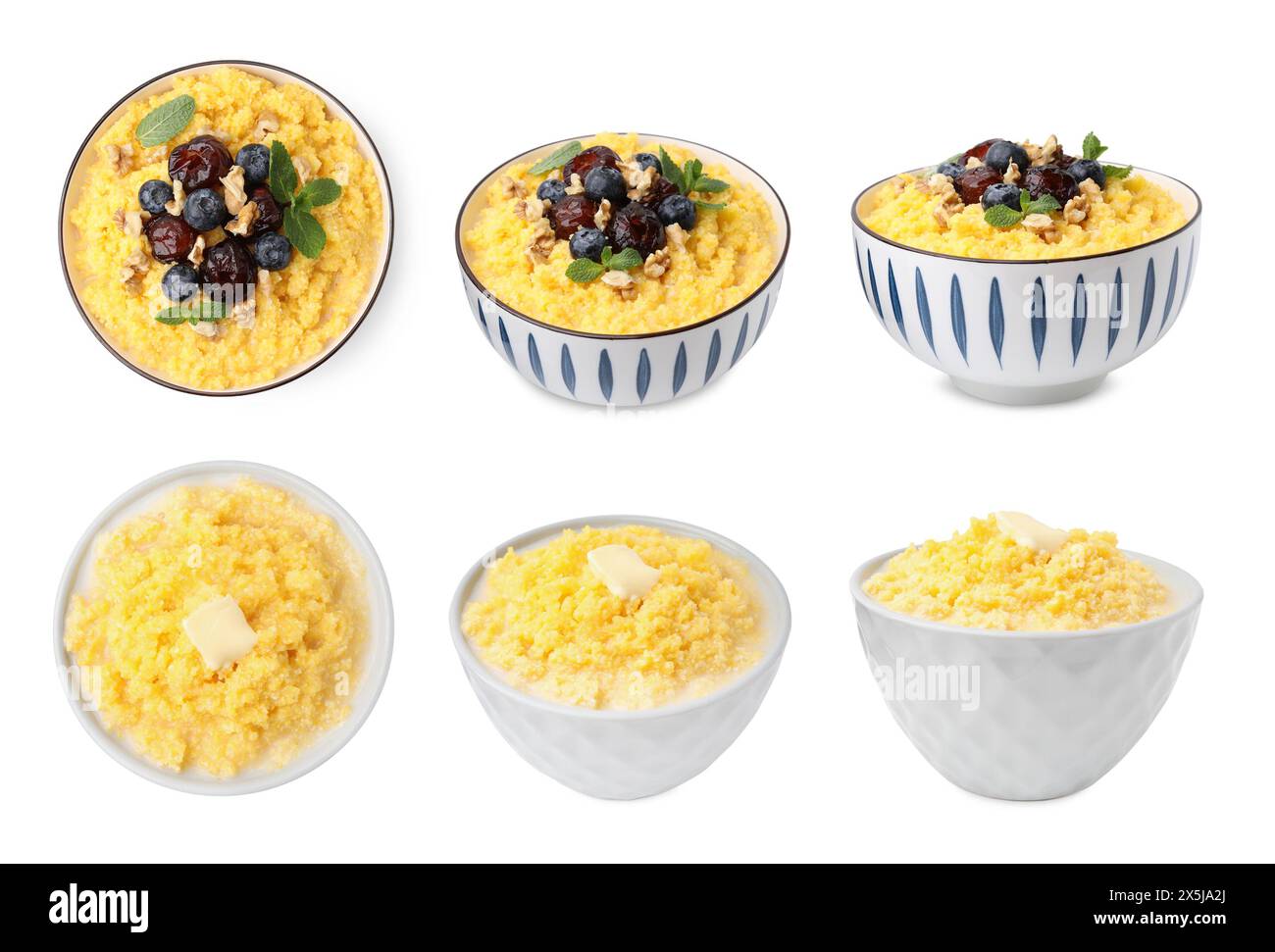 Set with delicious cornmeal porridge in bowls isolated on white, top ...