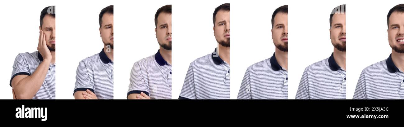 Man showing different emotions on white background, collage of photos ...