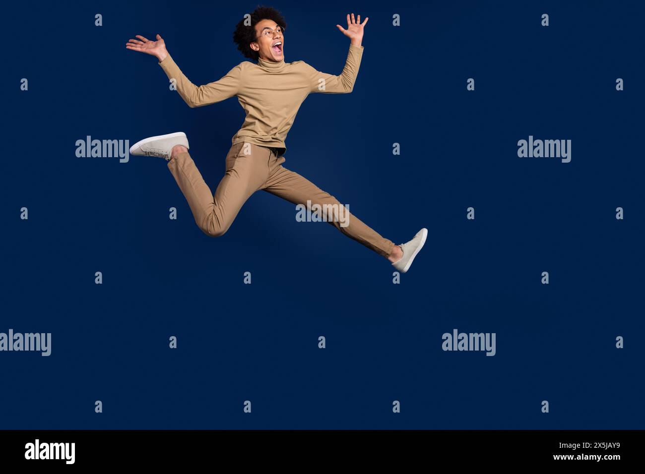 Full size photo of nice young man running excited hurry wear trendy ...