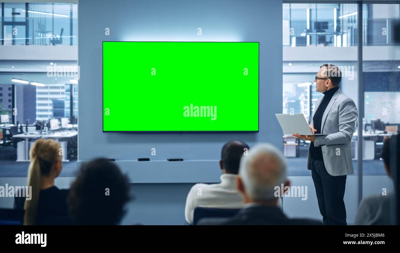 Modern Product Presentation Event: Caucasian Businessman Speaks, Uses ...
