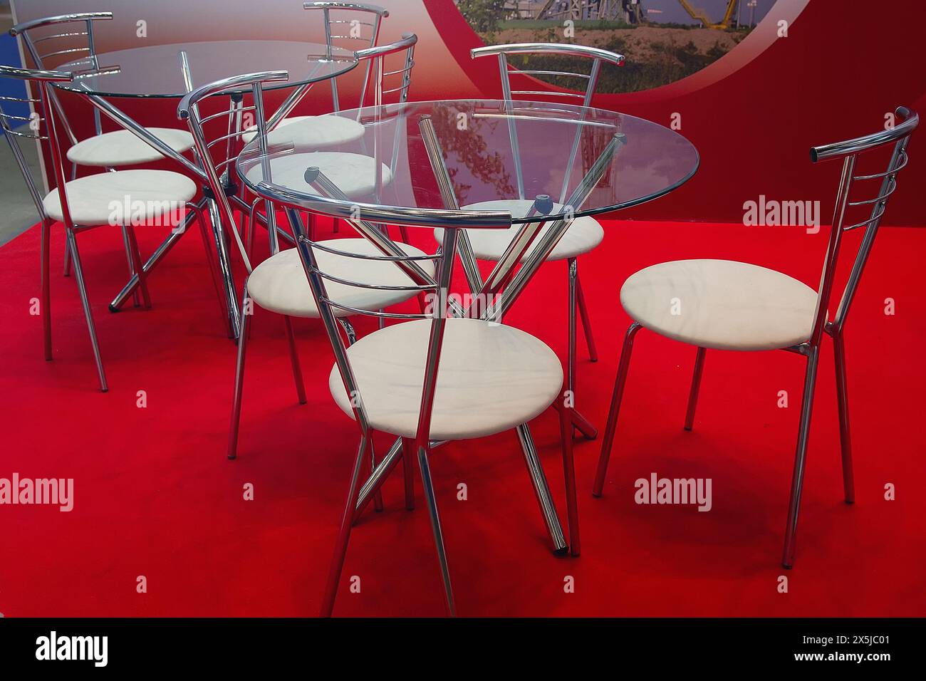 Tables, chairs and red carpet in the modern buffet. interior Stock ...
