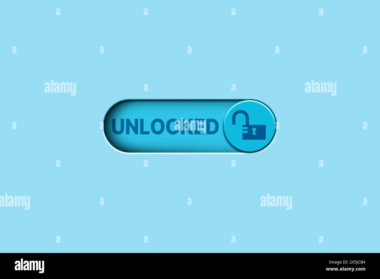 3D digital blue button to unlock system, successful idea or creativity ...