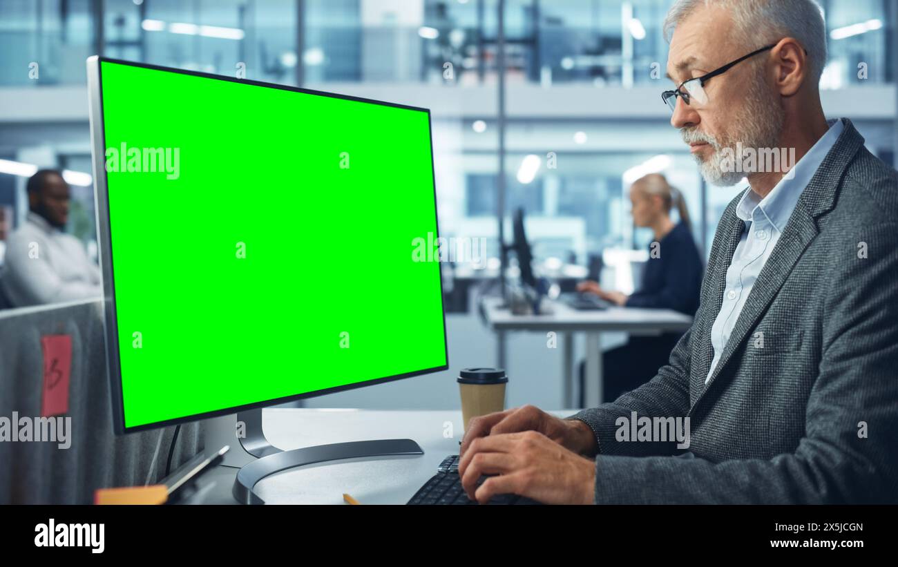Handsome Senior Specialist Working on Desktop Computer with Green ...