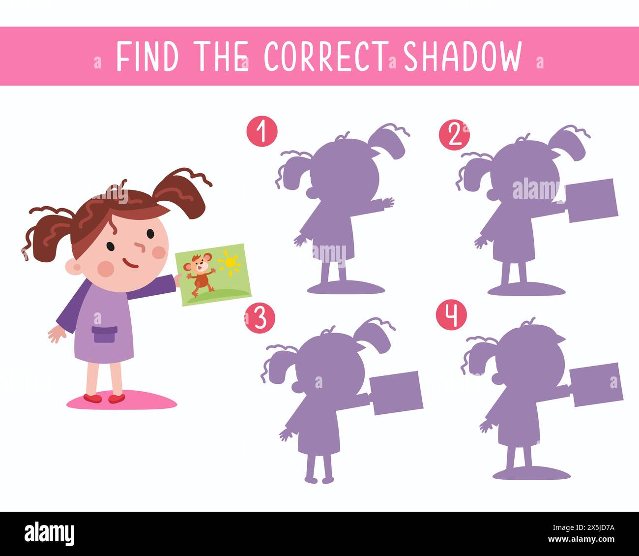 Game for kids. Find correct shadow. Cute little girl with drawing ...