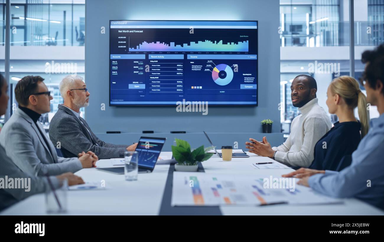 Office Conference Room Meeting Presentation: Black Businessman Talks ...