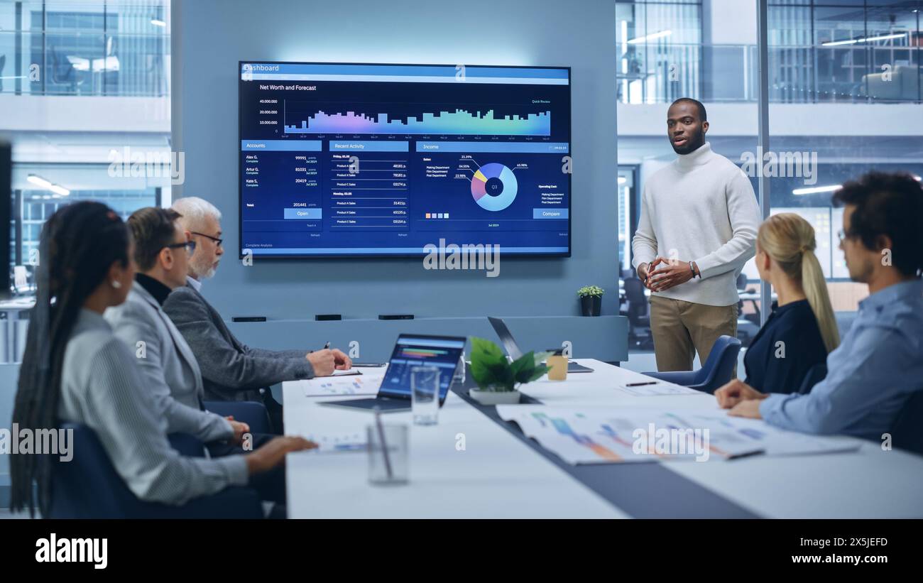 Office Conference Room Meeting Presentation: Black Businessman Talks ...