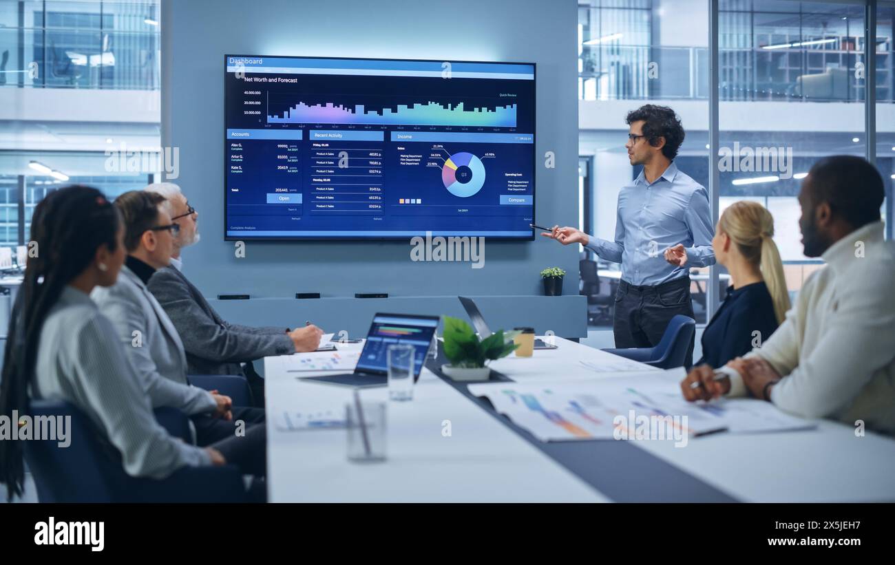 Office Conference Room Meeting Presentation: Latin Businessman Talks ...