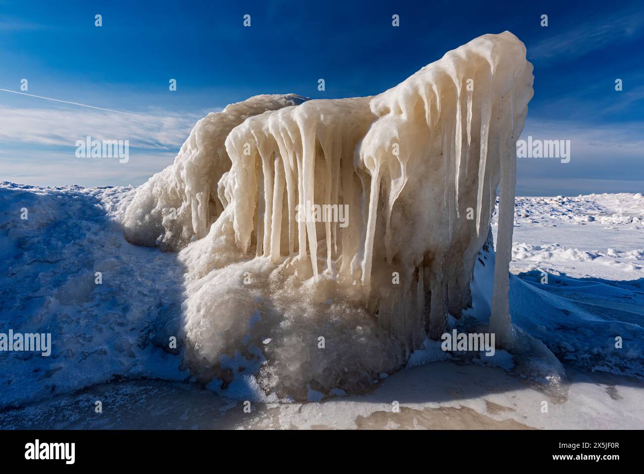 Canada, Manitoba, Victoria Beach Provincial Park. Ice block on shore of ...