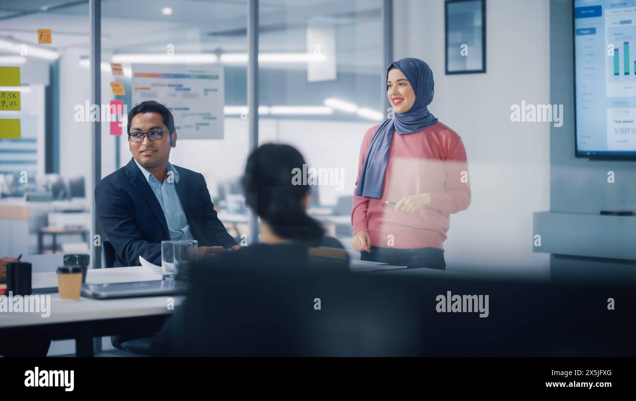 Multi-Ethnic Office Conference Room. Brilliant Muslim Female CEO ...