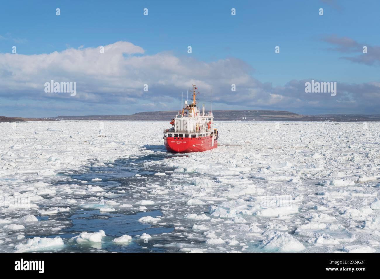 Canadian Coast Guard icebreaker in Strait of Belle Isle, Newfoundland ...