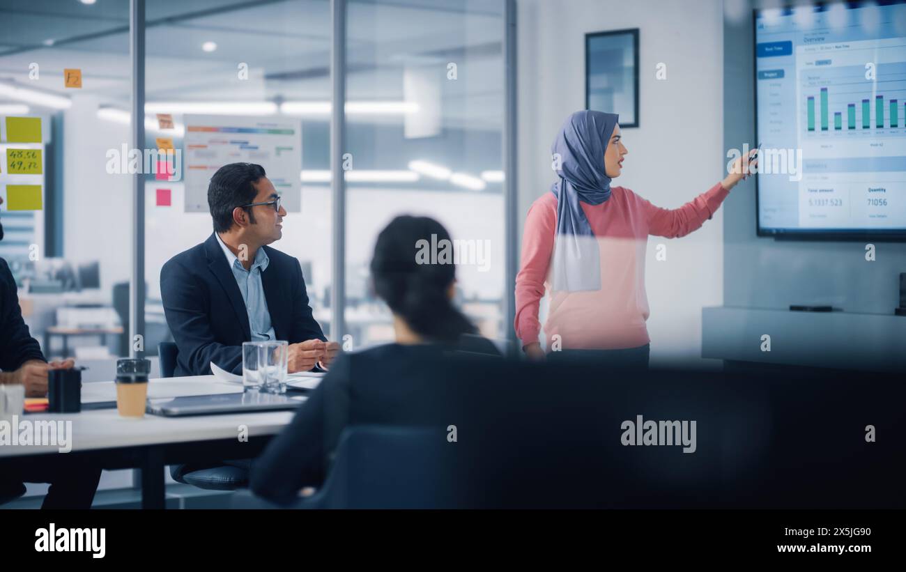 Multi-Ethnic Office Conference Room. Brilliant Muslim Female CEO ...
