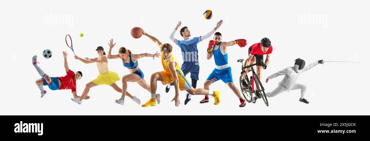 Banner. Sport collage. Athletes in action, soccer, tennis, basketball ...