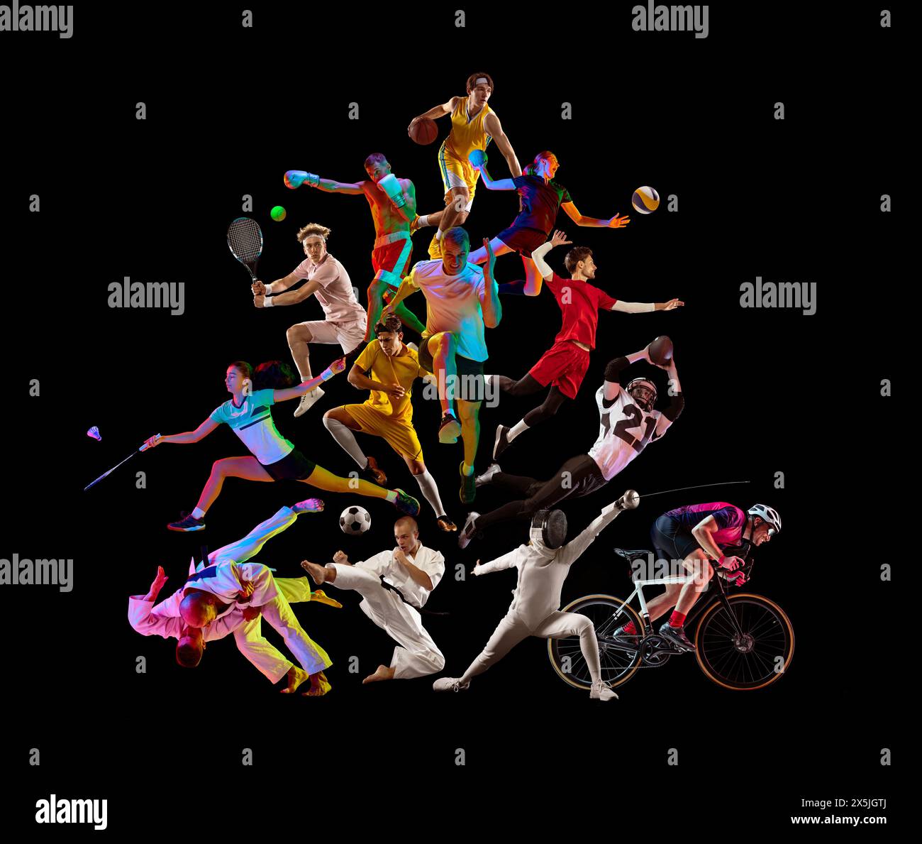 Vivid sport collage. Athletes in tennis, basketball, volleyball ...