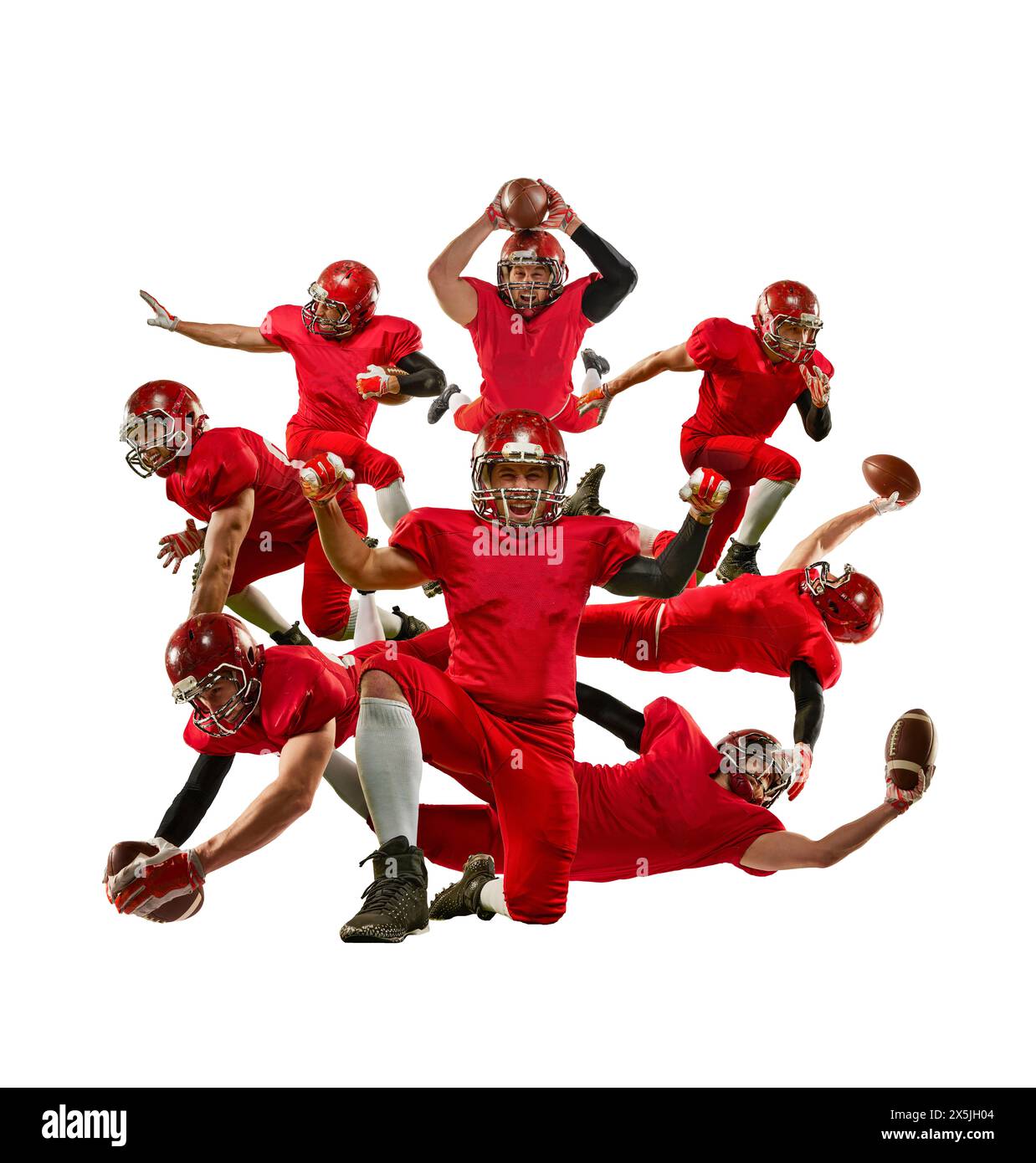 Sport collage. American football player in vibrant red uniform posing ...