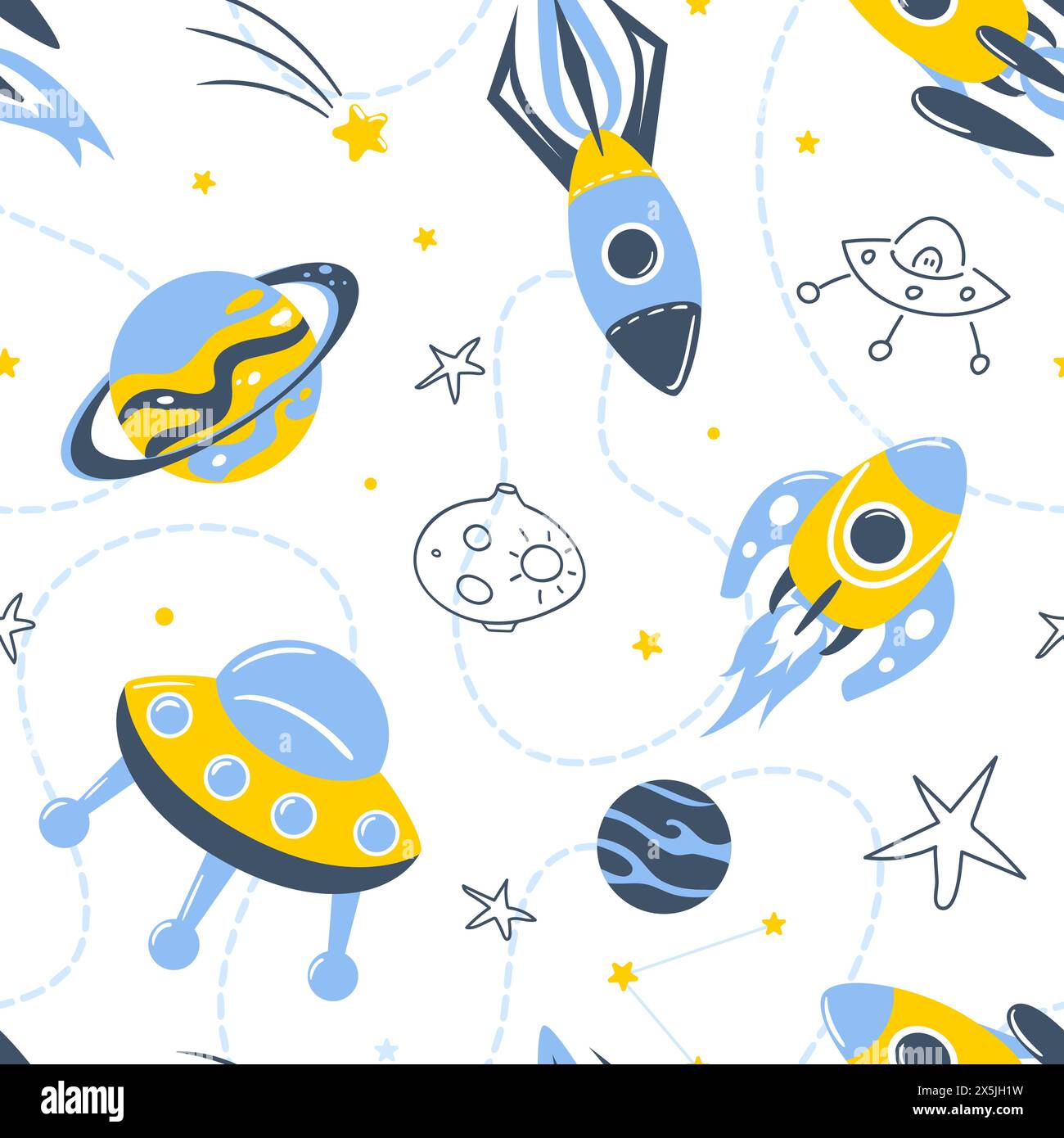 Rockets in space, seamless pattern. Galaxy, dreams, universe. Space trip. Flight among planets ...