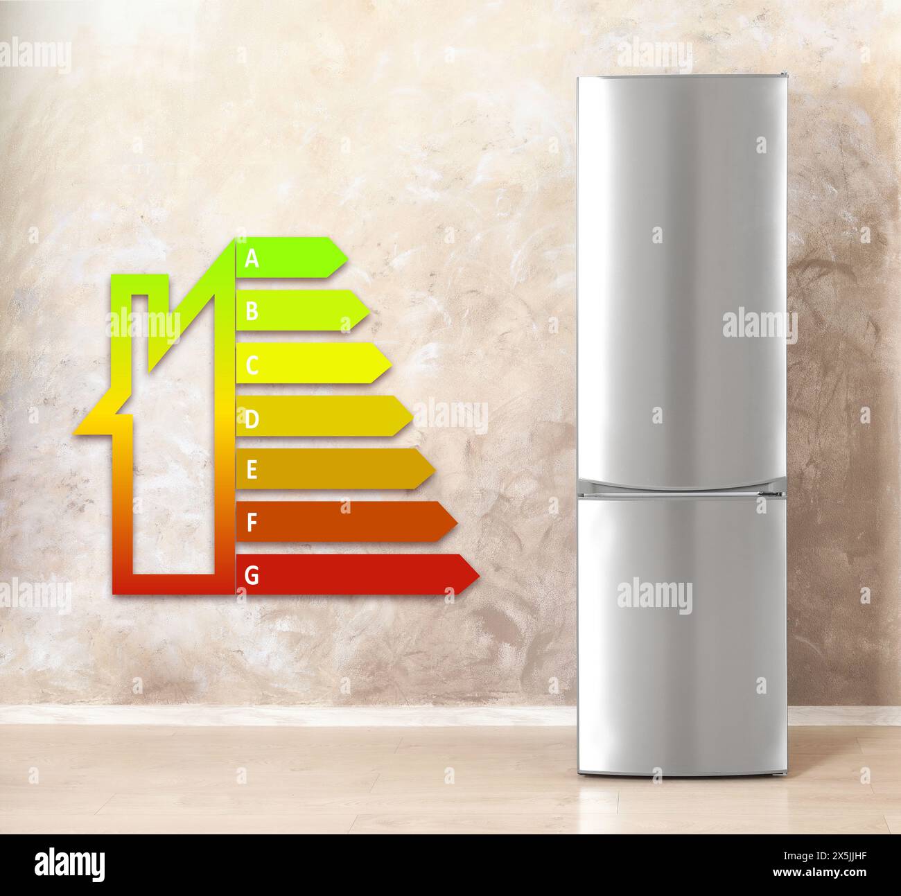 Energy efficiency rating label and refrigerator indoors Stock Photo - Alamy