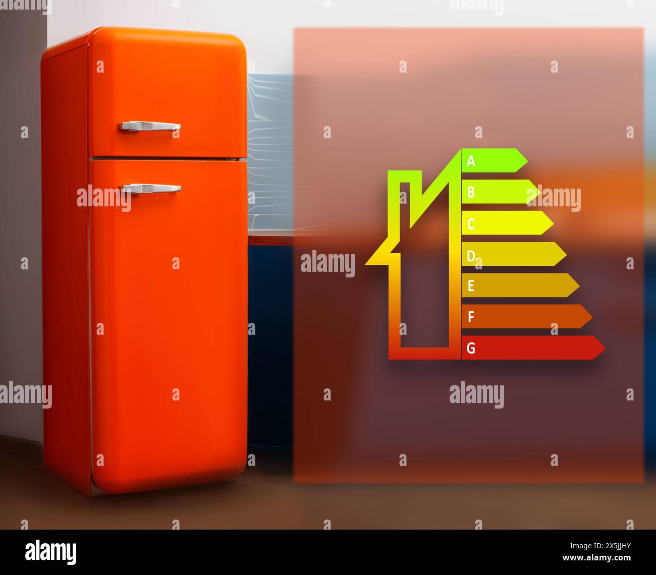 Energy efficiency rating label and red refrigerator indoors Stock Photo ...