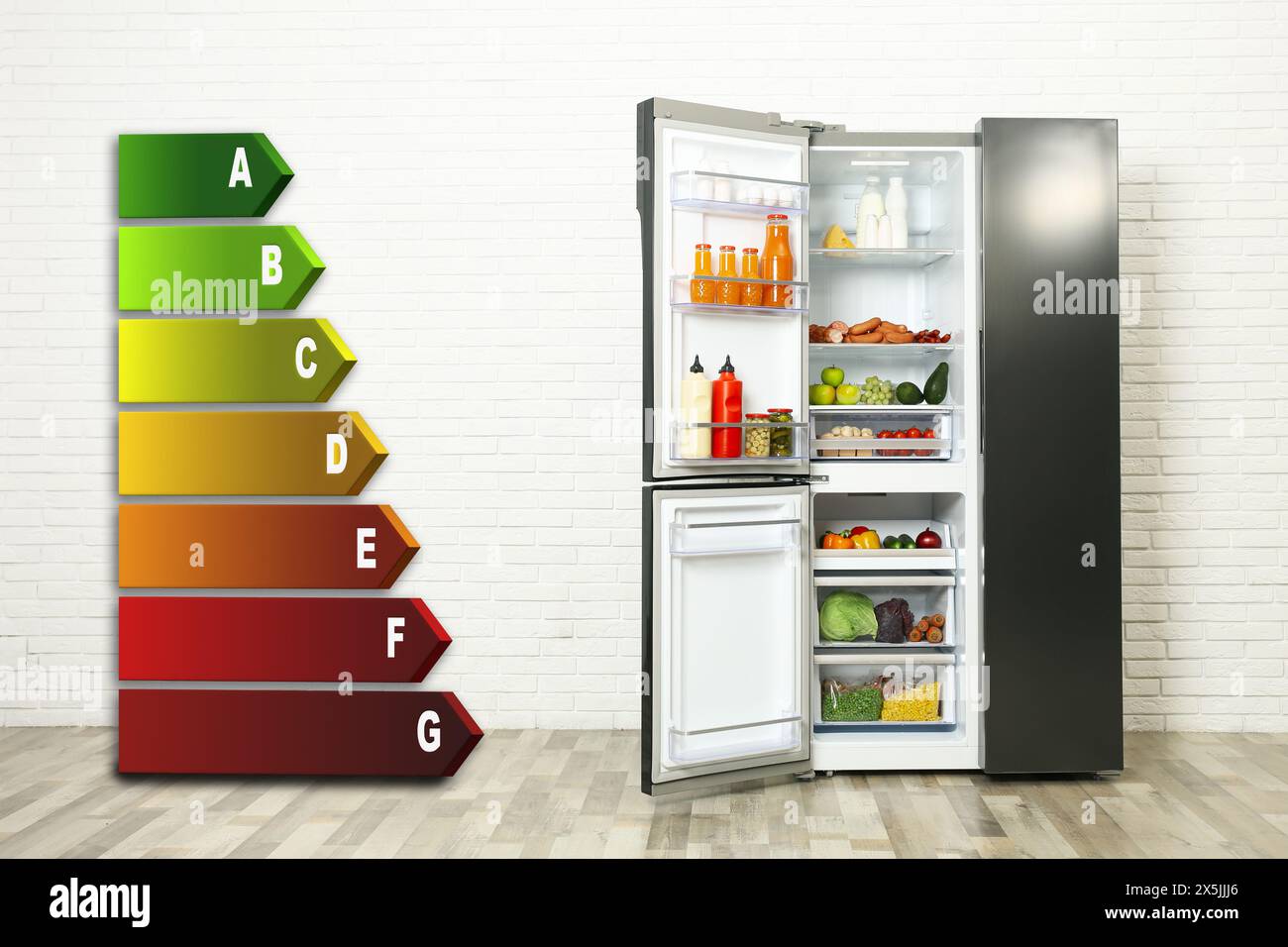 Energy efficiency rating label and open refrigerator indoors Stock ...