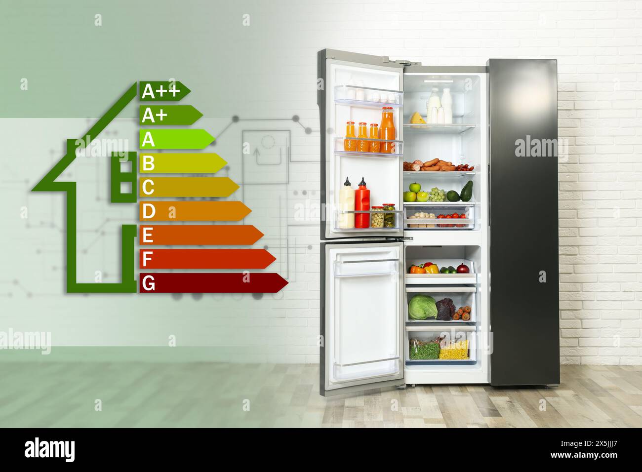 Energy efficiency rating label and open refrigerator indoors Stock ...