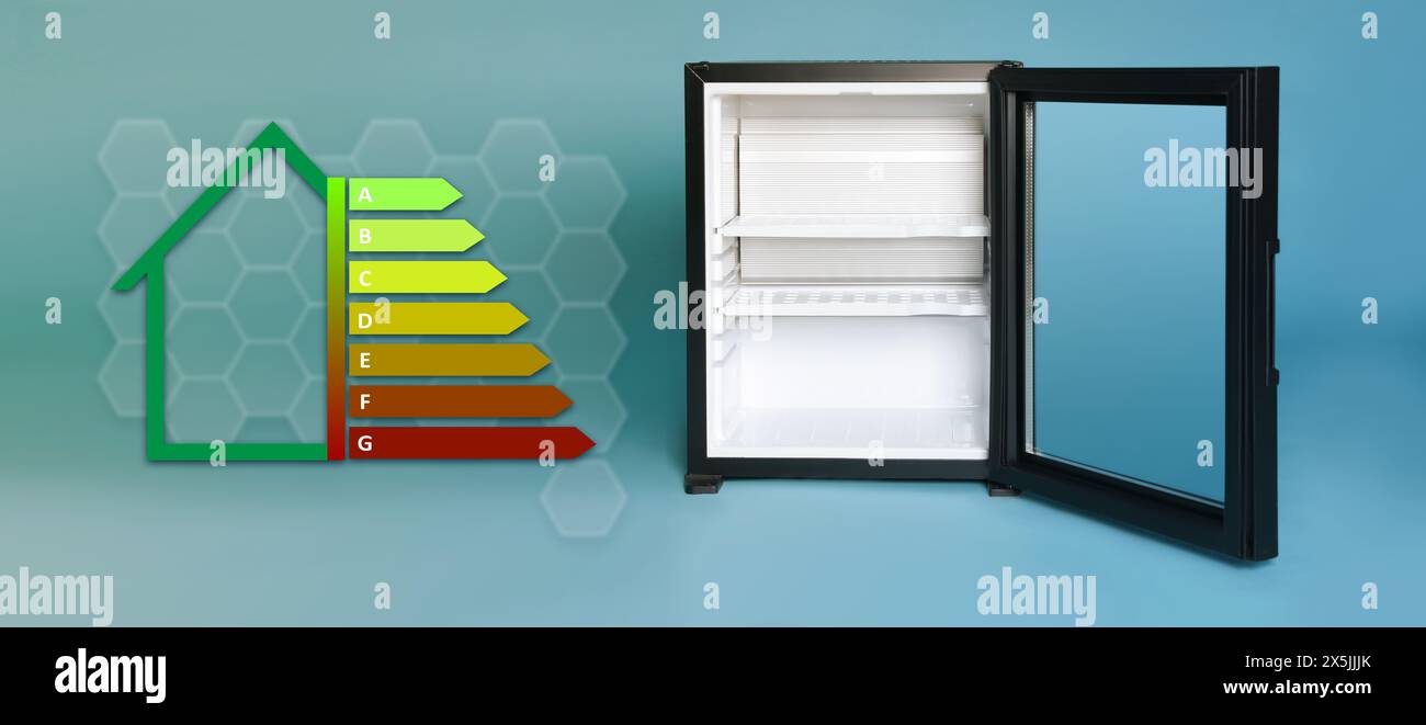 Energy efficiency rating label and refrigerator on gradient color ...