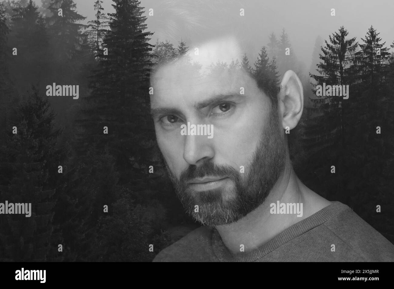 Double exposure of man and trees on white background, black and white ...