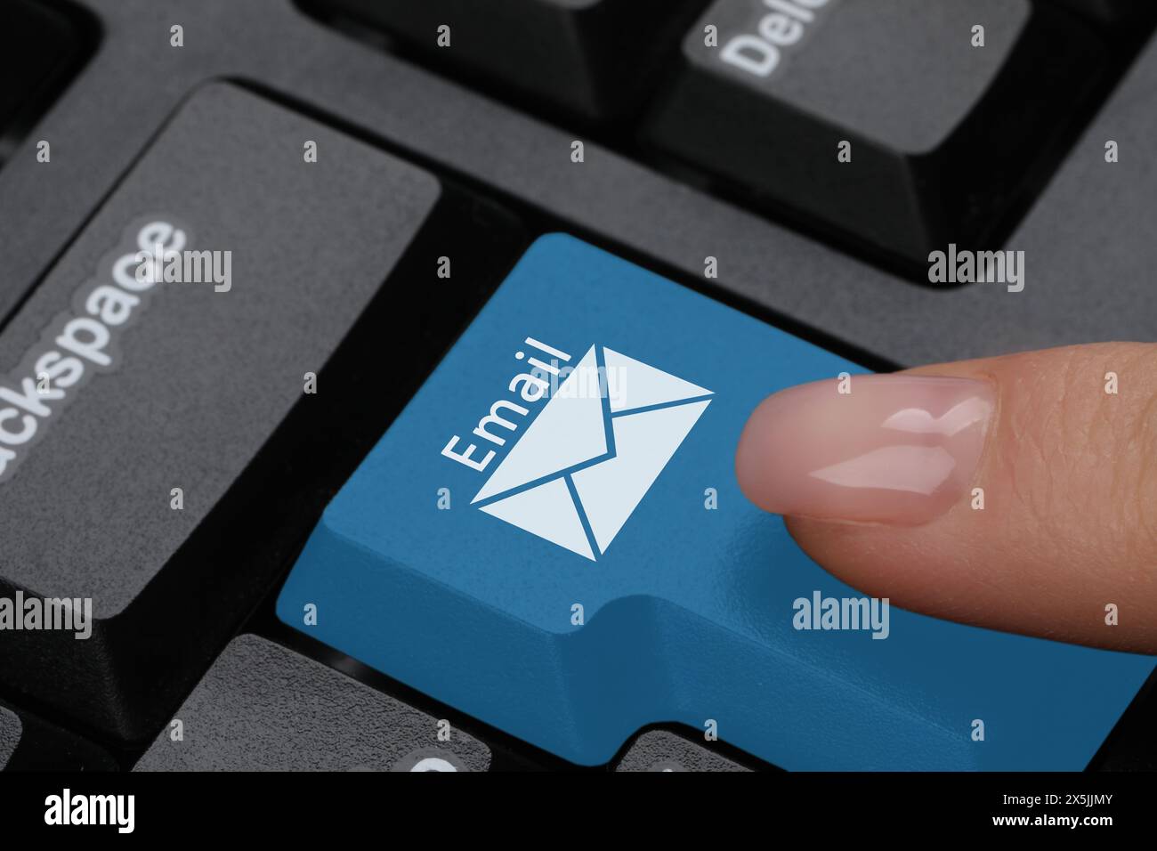 Woman pressing light blue button with word Email and illustration of ...