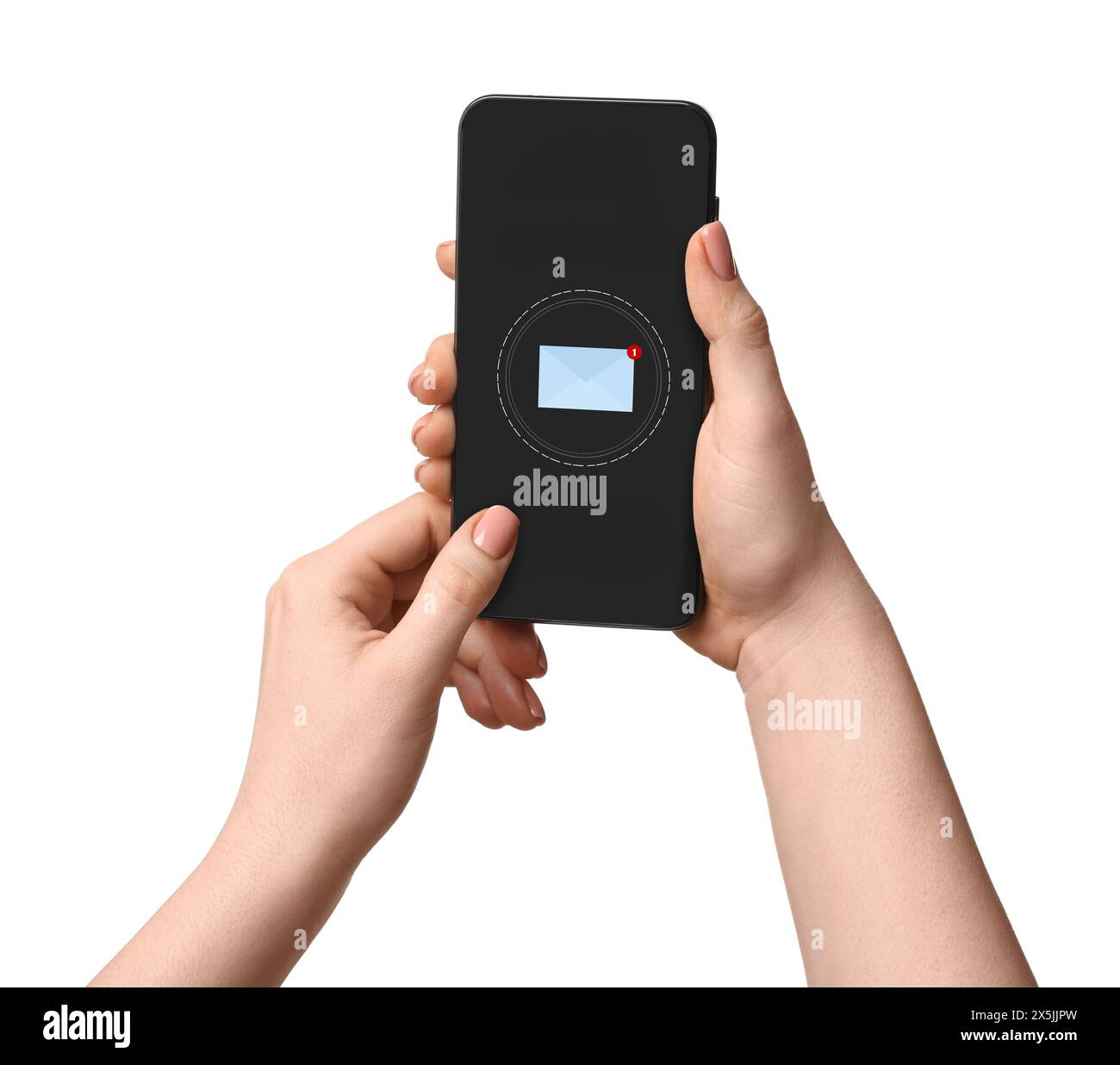 Woman checking new message on mobile phone against white background ...