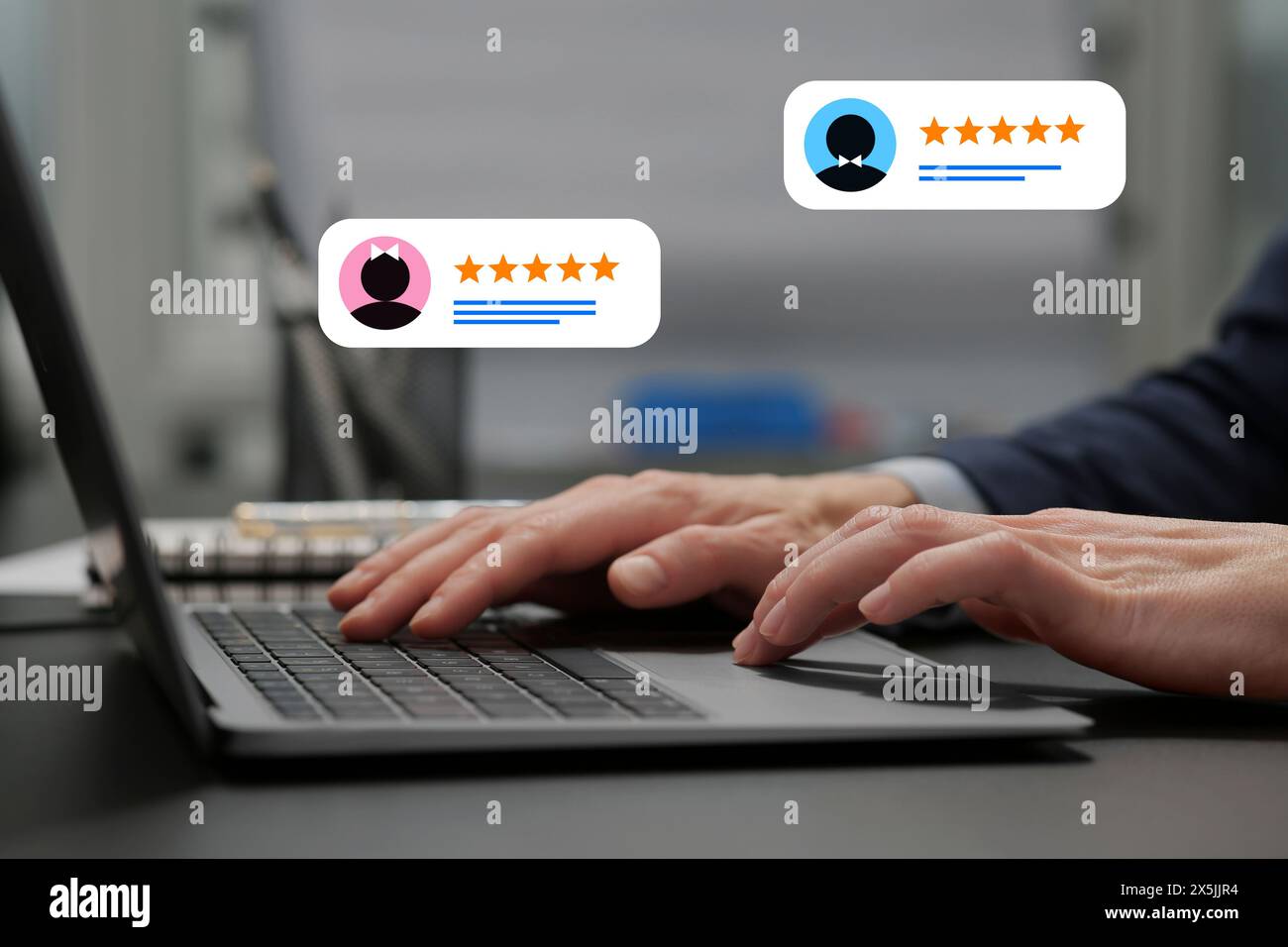 Man leaving feedback using laptop, closeup. Illustrations of reviews ...