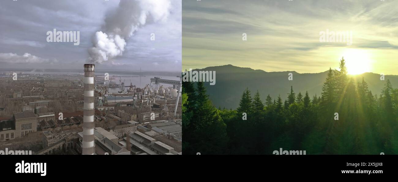 Environmental pollution, banner design. Collage divided into mountain ...