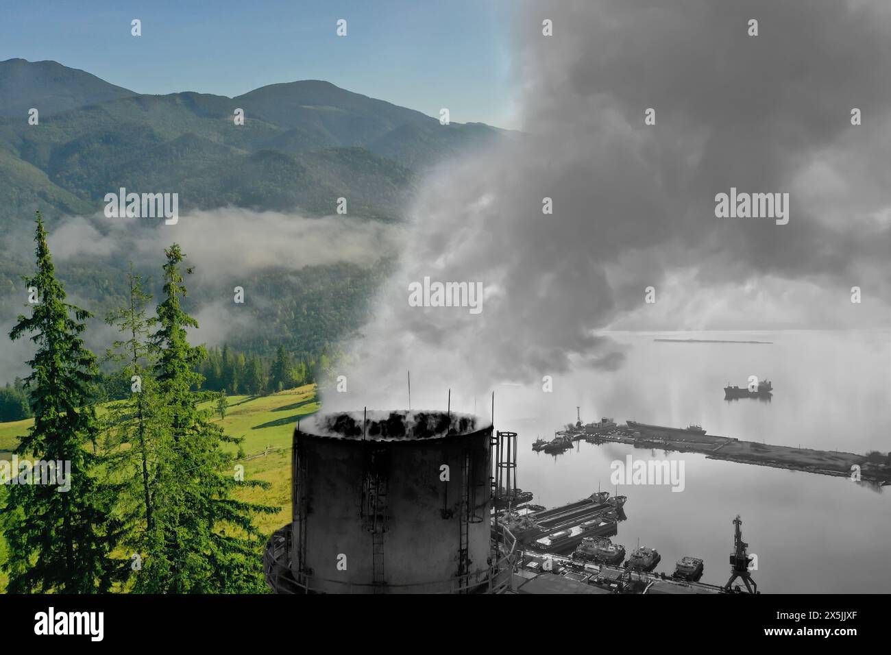 Environmental pollution. Collage divided with smoke into mountain ...