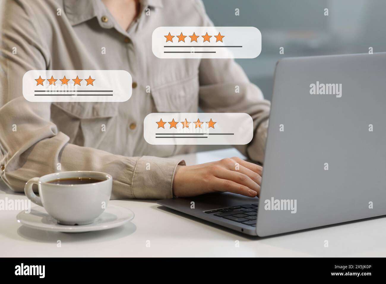 Woman leaving feedback using laptop, closeup. Illustrations of reviews with stars Stock Photo ...