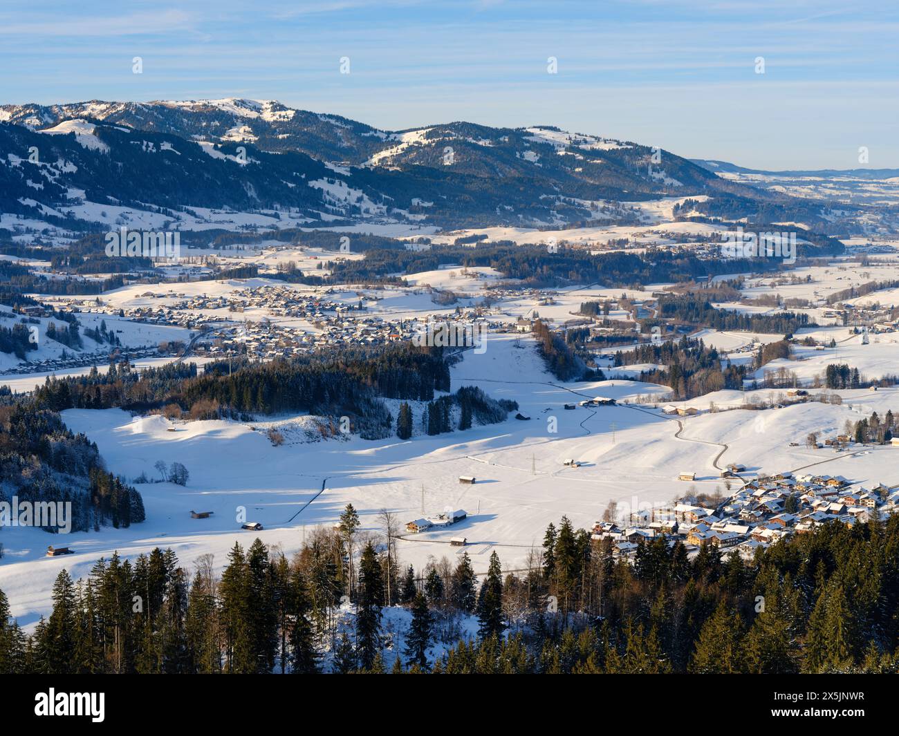 Valley of river Iller towards Fischen and the alpine foothills. The ...