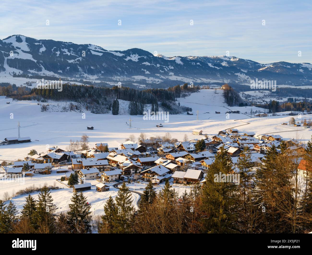 Valley of river Iller towards Reichenbach. The Allgau Alps near ...