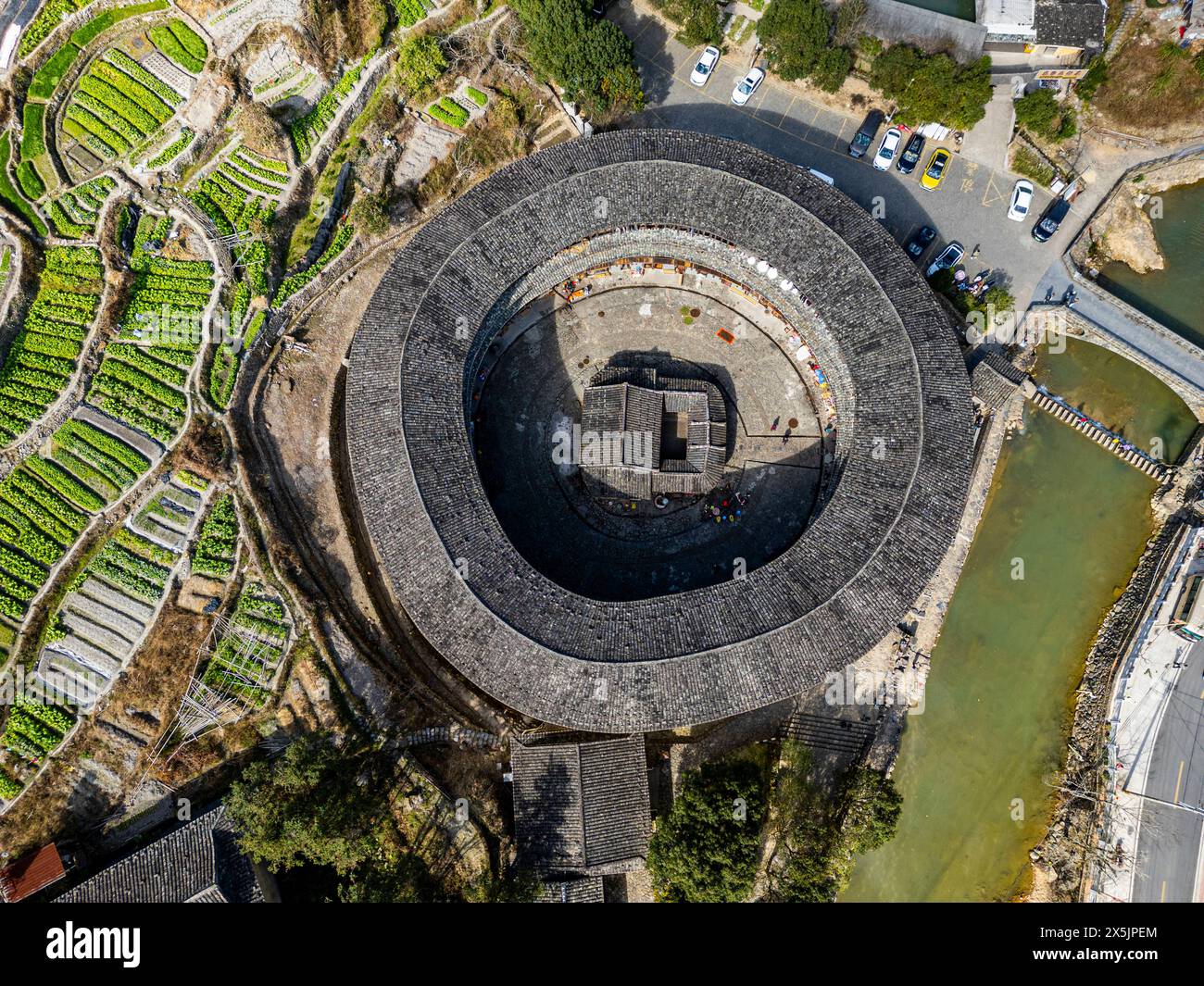 Aerial of the Yuchang Fujian Tulou, rural dwelling of the Hakka, Fujian ...