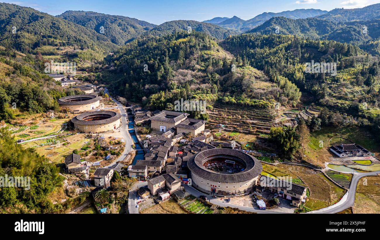 Aerial of the Hekeng Fujian Tulou, UNESCO World Heritage Site, rural ...