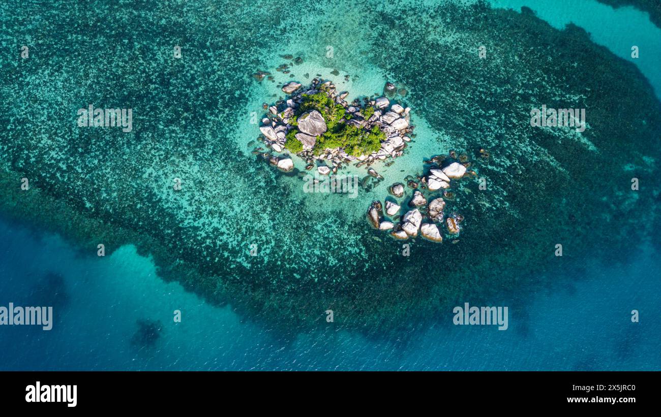Aerial of rocks in the sea, Lengkuas Island, Belitung Island off the ...