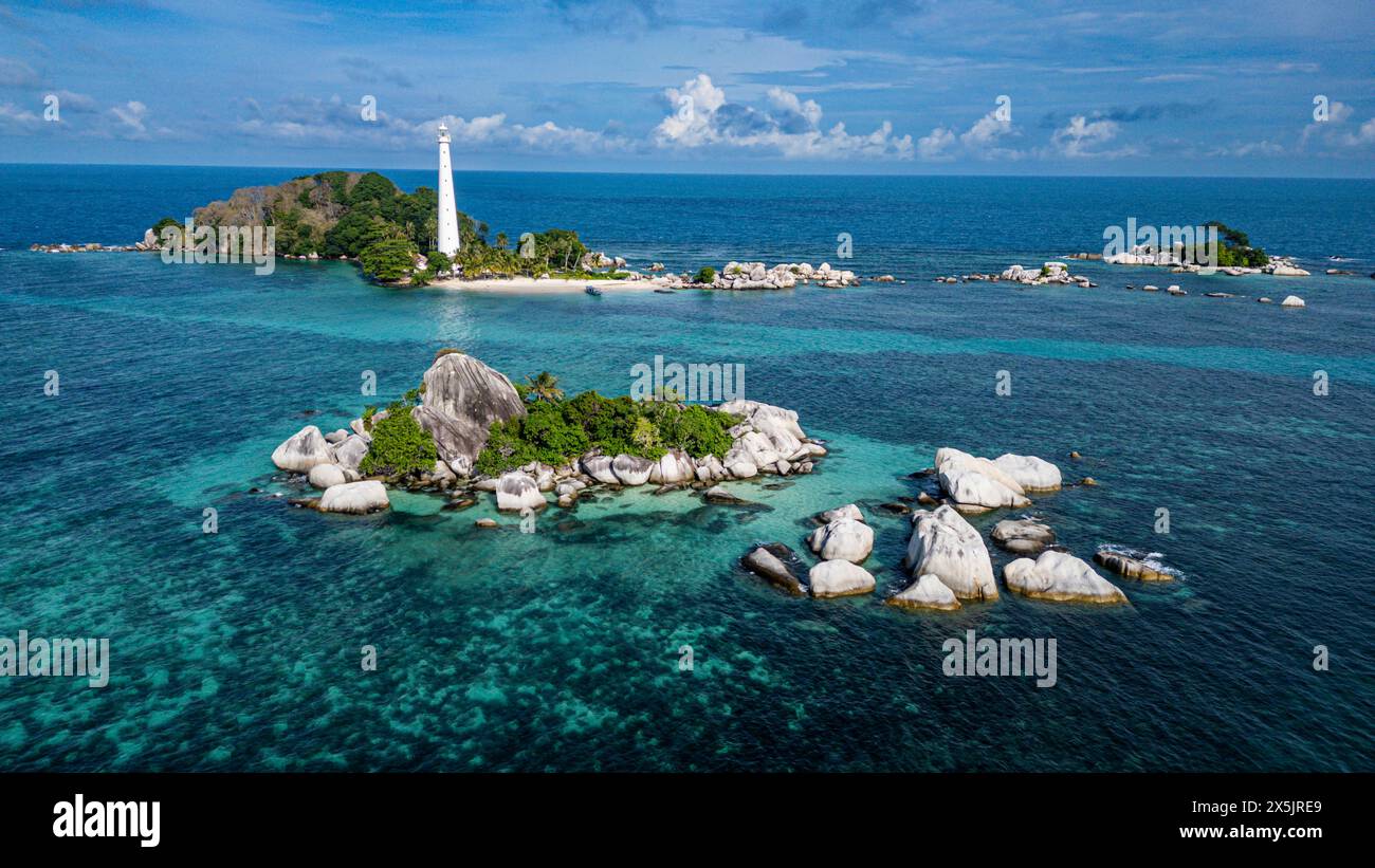 Aerial of Lengkuas Old Indie Lighthouse Island, Belitung island off the ...