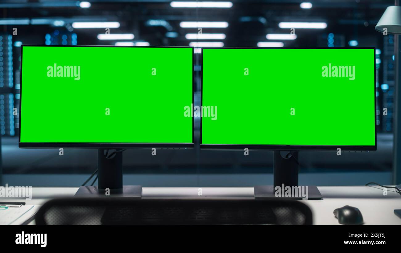 High-Tech Data Center Server with Two Green Screen Chroma Key Display Showing on Personal ...