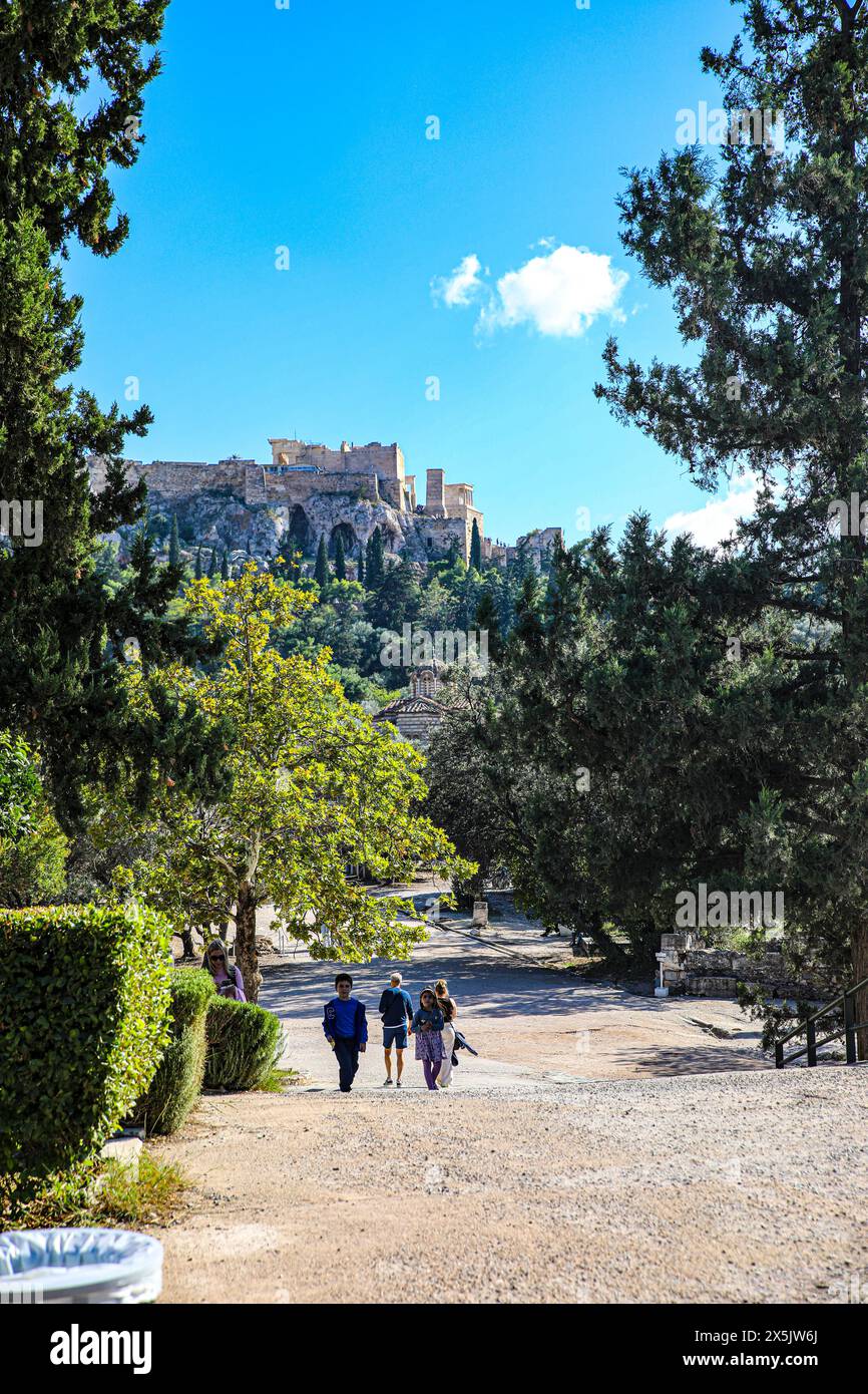 Athens, Greece, Acropolis. Children and adults take a trail to the ...