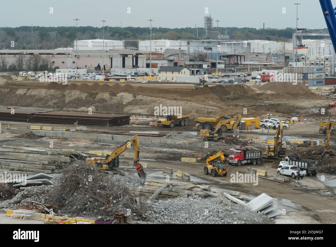 New container terminal construction on a river in the American port of ...