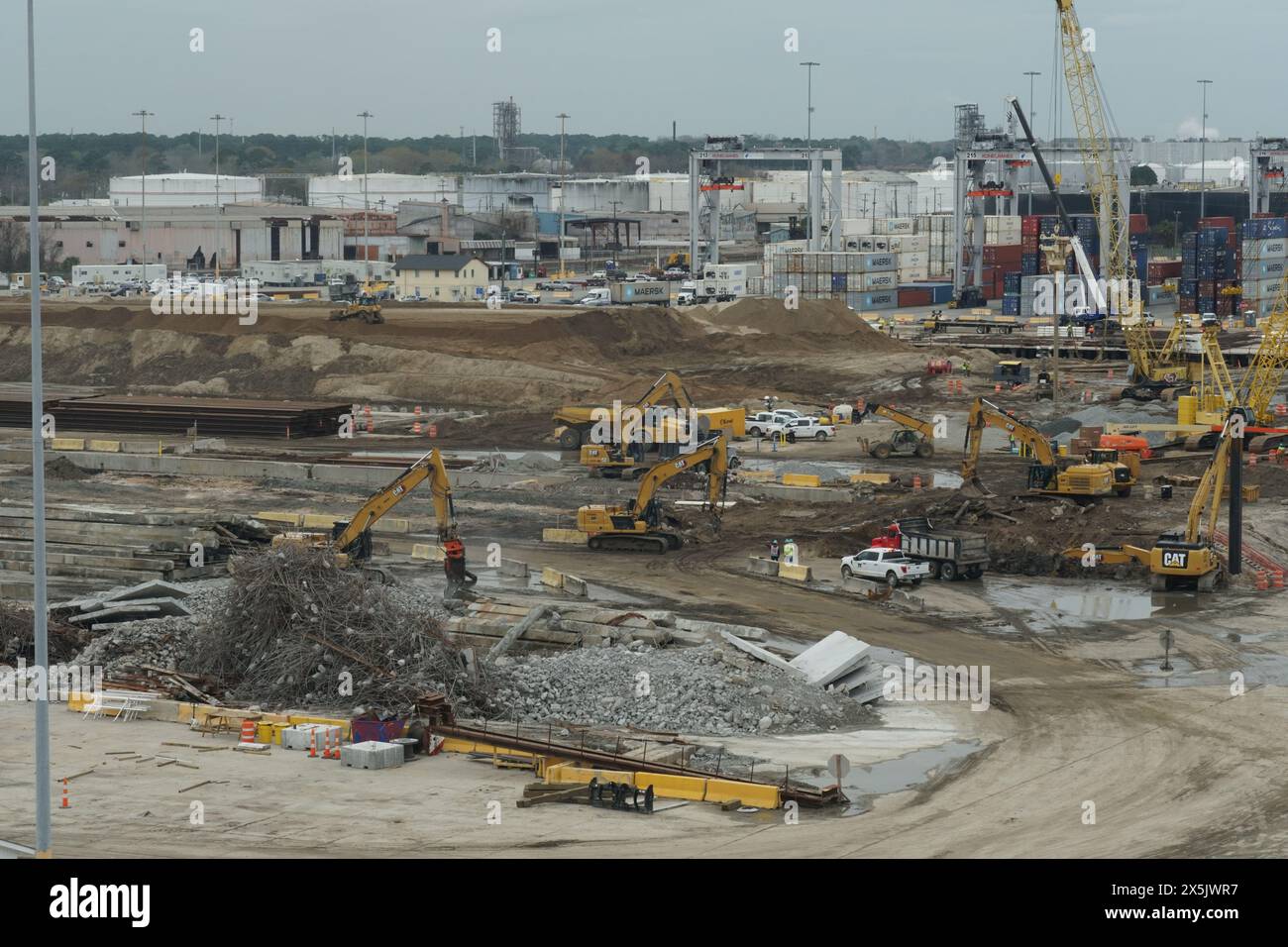 New container terminal under construction on a river in the American ...