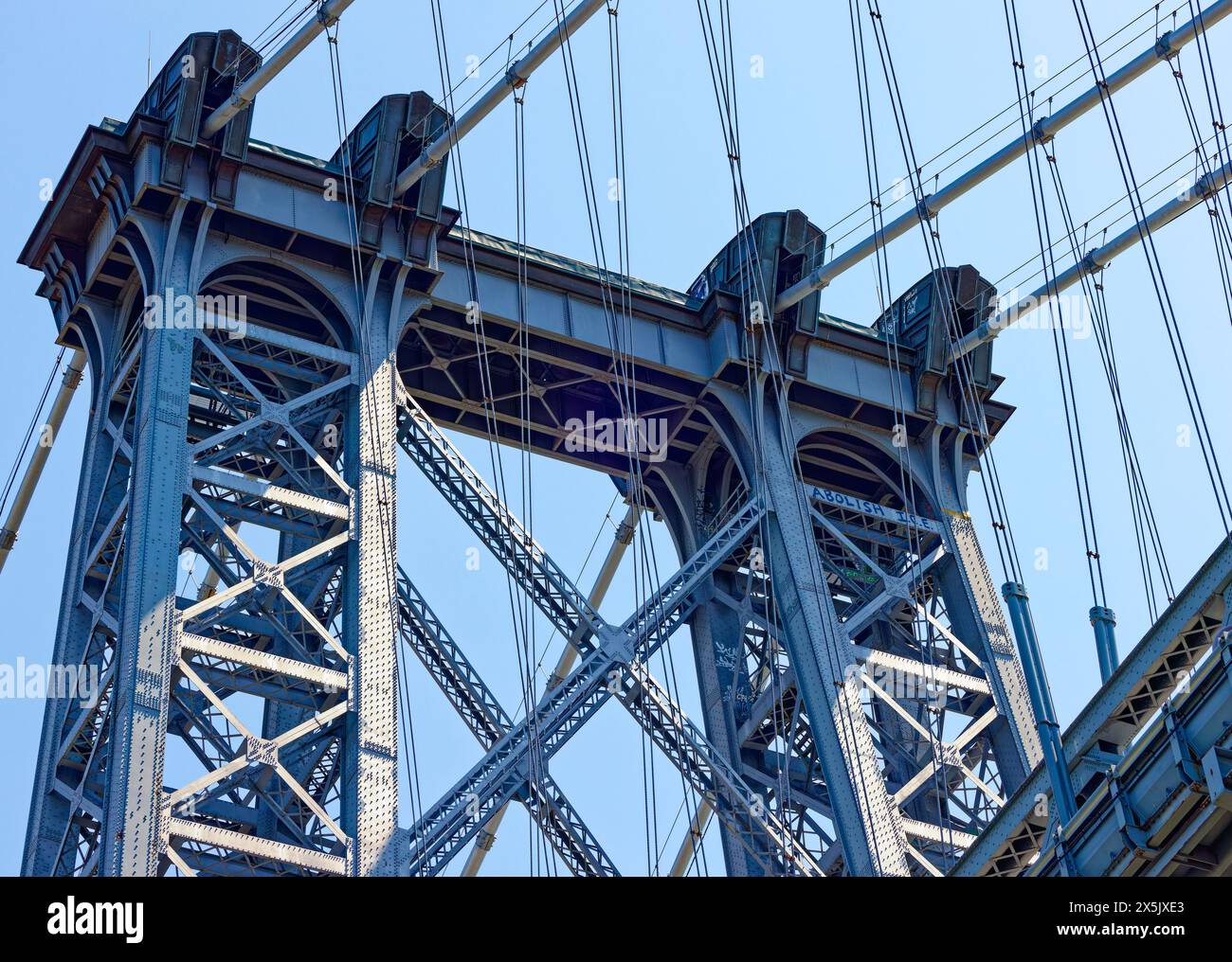 Tower detail of the Williamsburg Bridge. Only the bridge’s center span is suspended from the ...