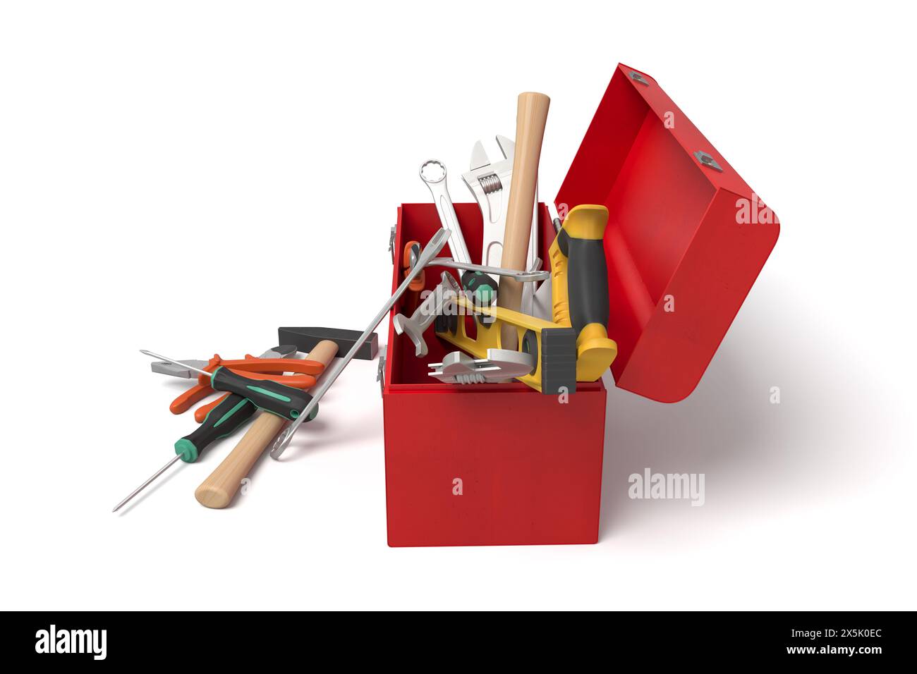 Tilted red toolbox with tools falling out Stock Photo - Alamy