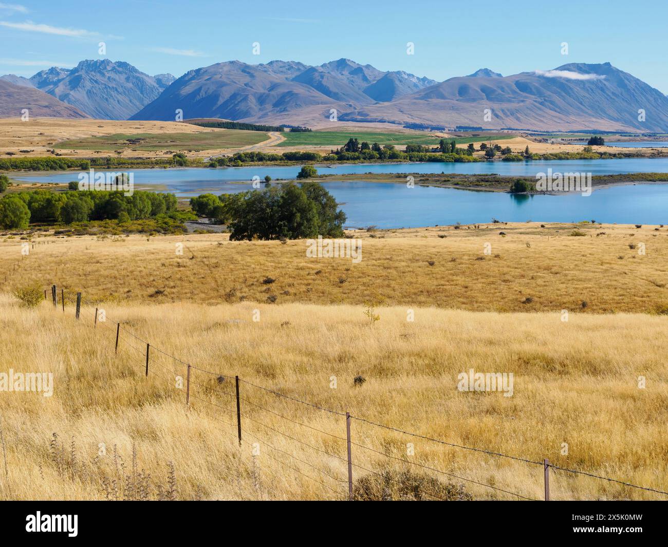 The grassy rangelands and brown hills around Lake Tekapo, Canterbury ...