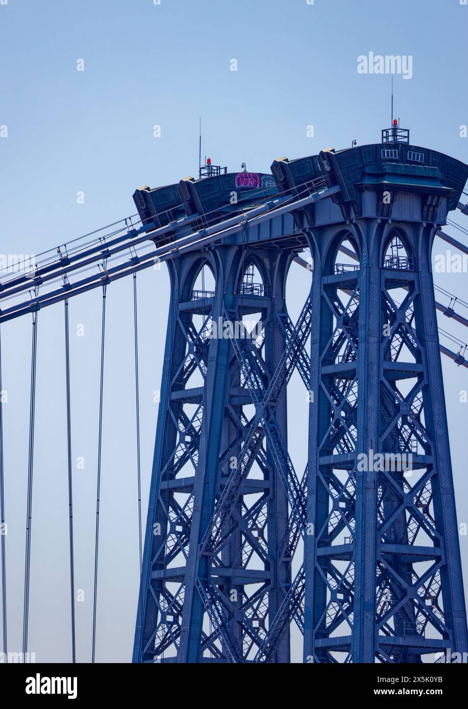 Tower detail of the Williamsburg Bridge. Only the bridge’s center span ...