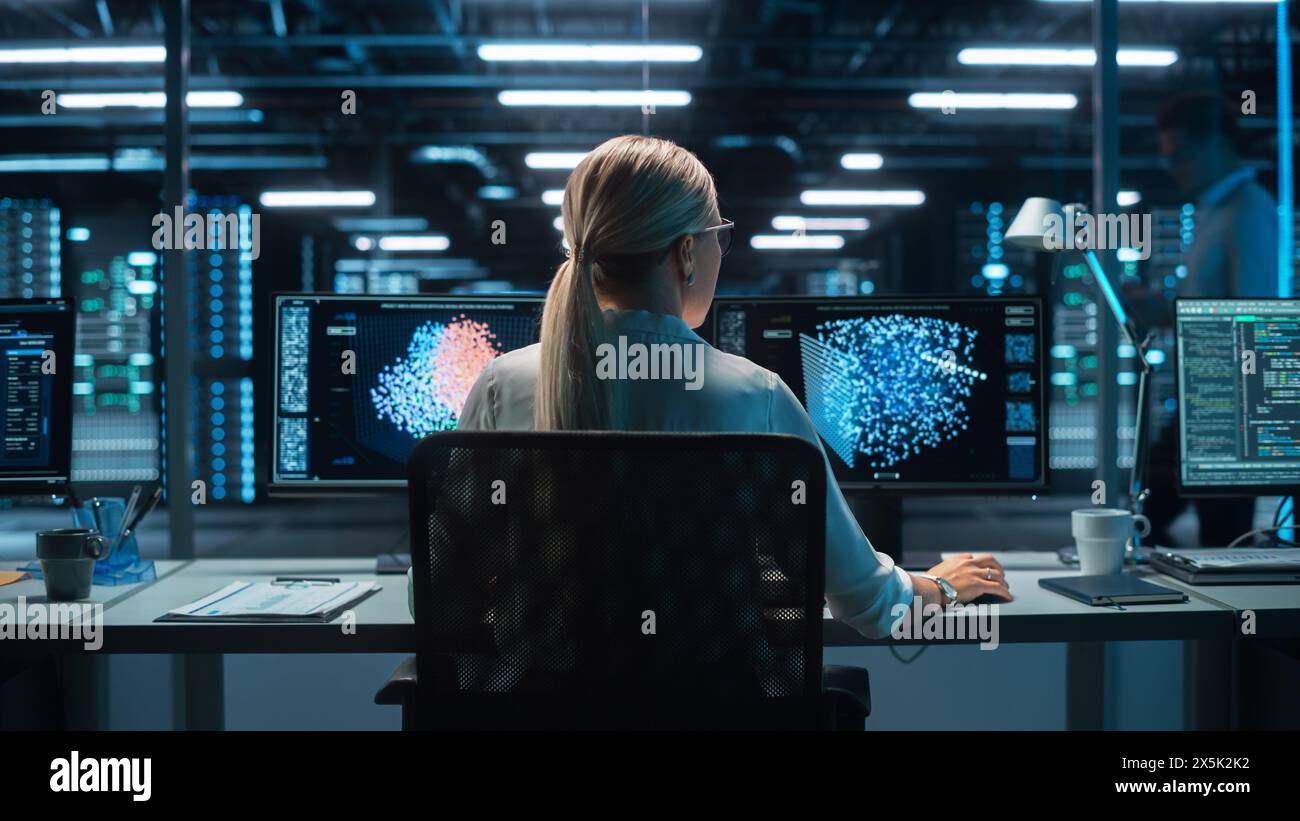 Back View of the Woman Computer Administrator and Scientist Create ...