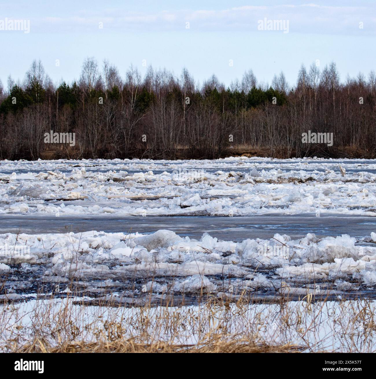 A landscape of an ice drift (ice-boom, debacle) on the northern river ...