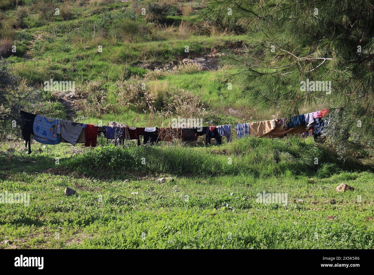 A clothesline with drying clothes in nature in front of a tent of ...