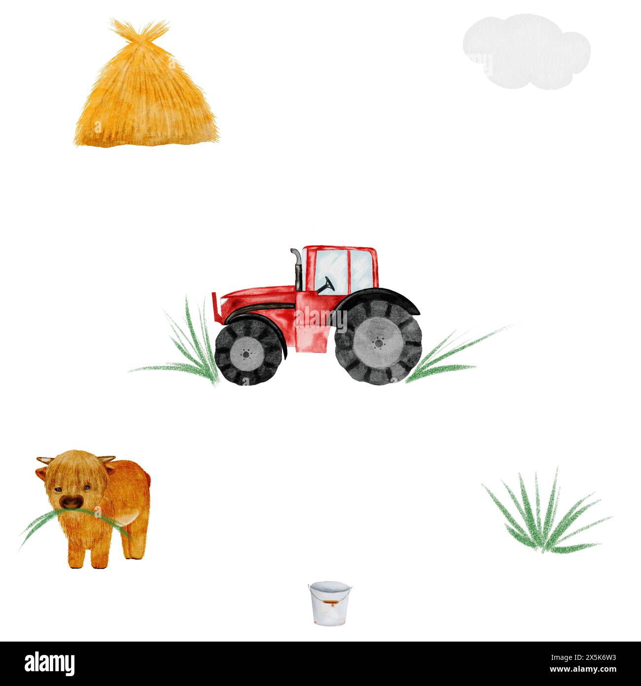 Farm watercolor seamless pattern. Drawing of a red toy car, bull ...