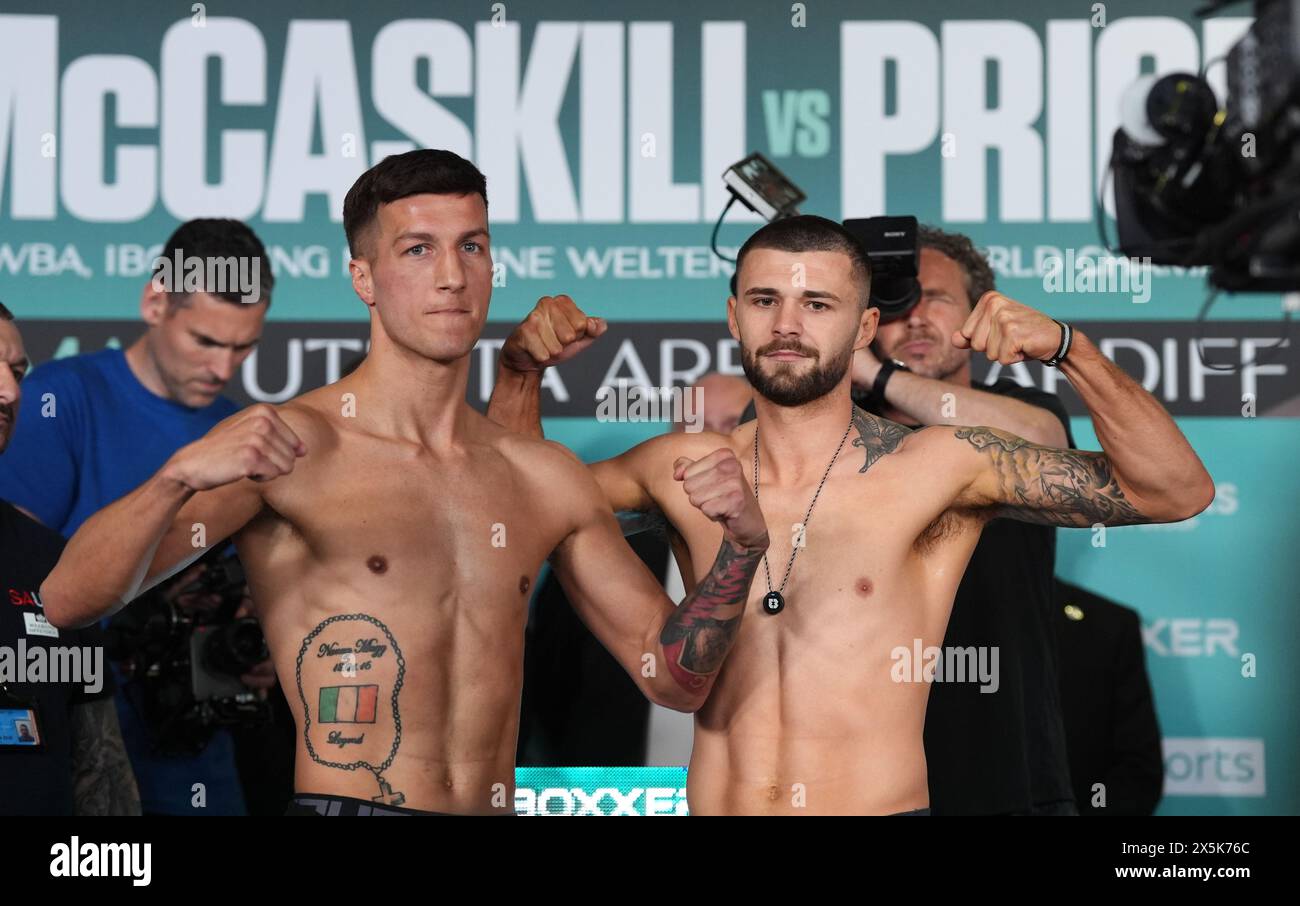 Kyran Jones (left) and Lewis Howells during the weigh in at the Cardiff ...